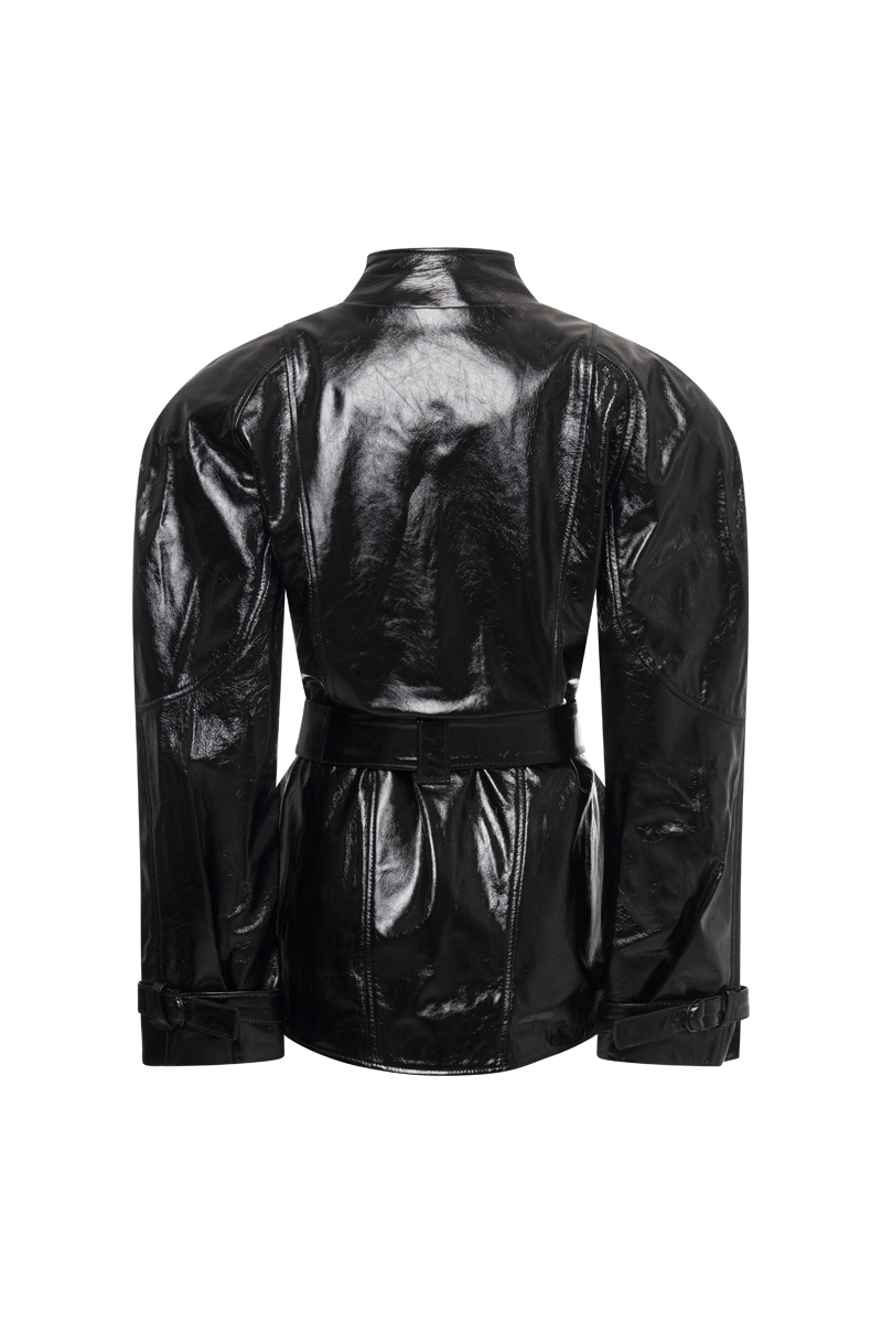ΔΕΡΜΑΤΙΝΟ ΓΥΑΛΙΣΤΕΡΟ JACKET ΜΕ ΖΩΝΗ - BLACK | Zini Boutique